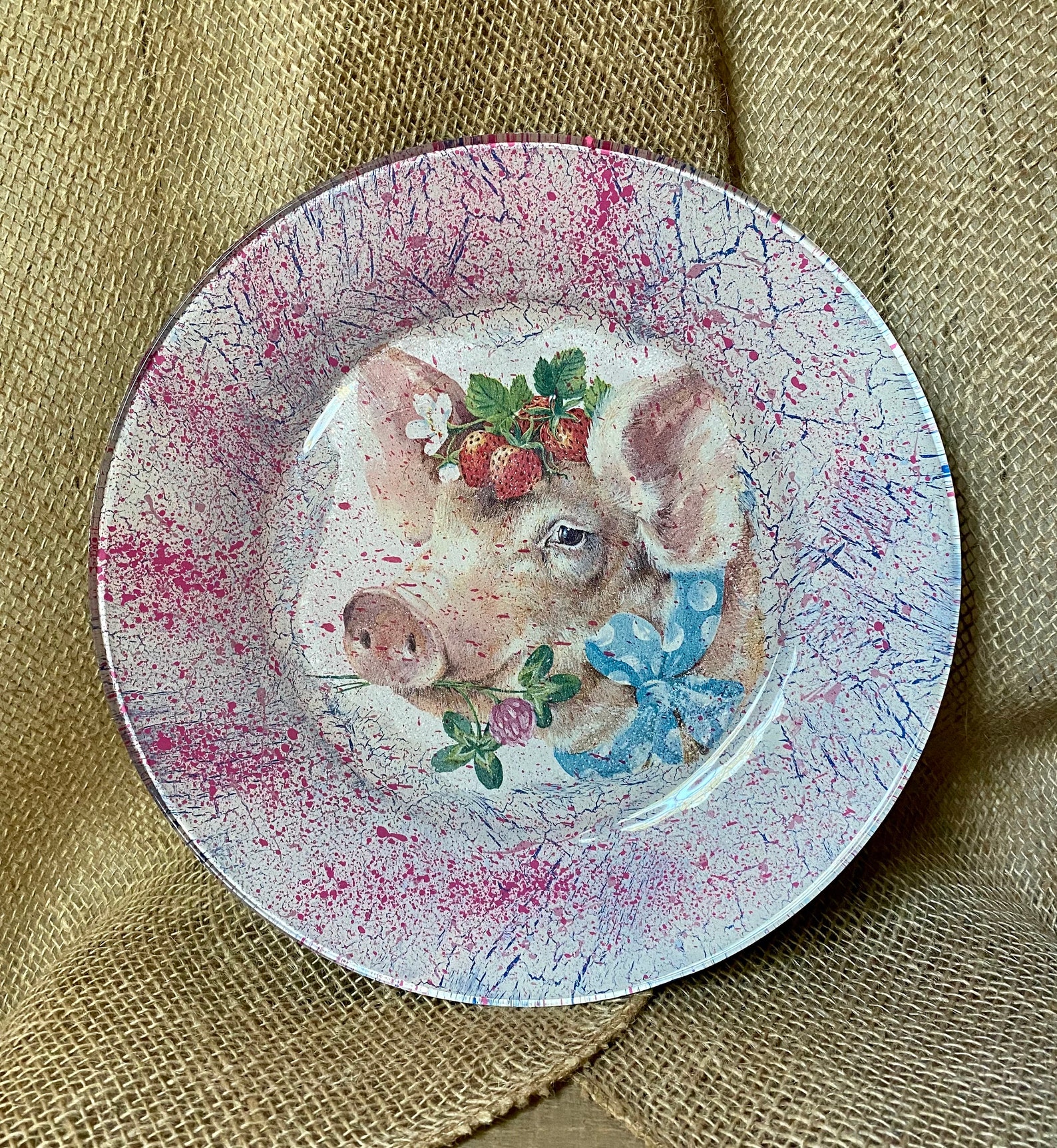 Pig Glass Plate, Pig Dinner Plate, Decoupaged Plate, Table Accent ...