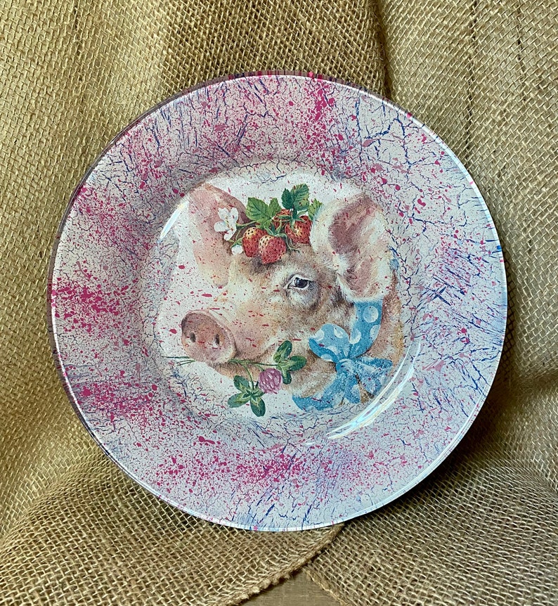 Pig Glass Plate, Pig Dinner Plate, Decoupaged Plate, Table Accent ...