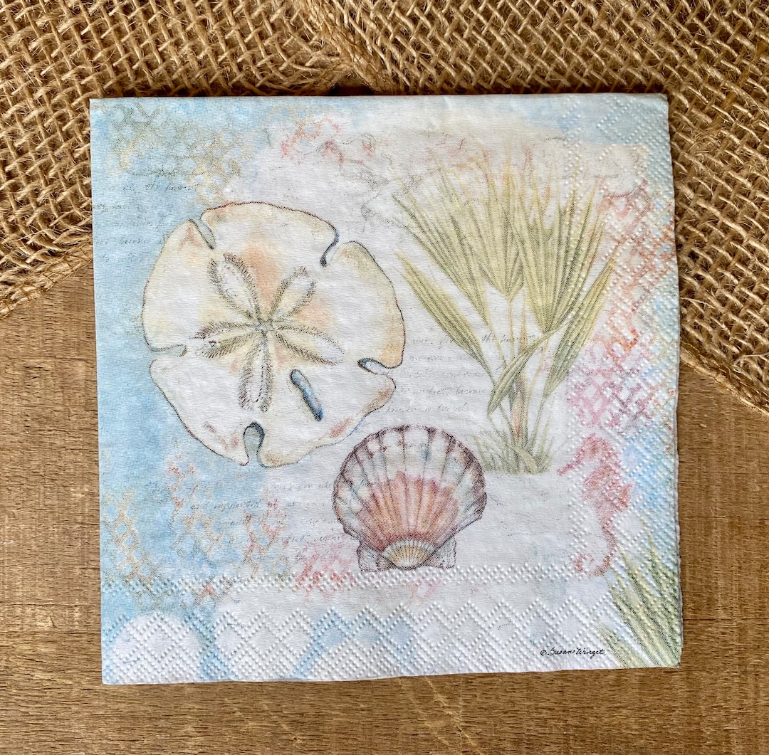 Decoupage Napkin, Seashells and Sand Dollar, Seahorse,crafting Napkin ...