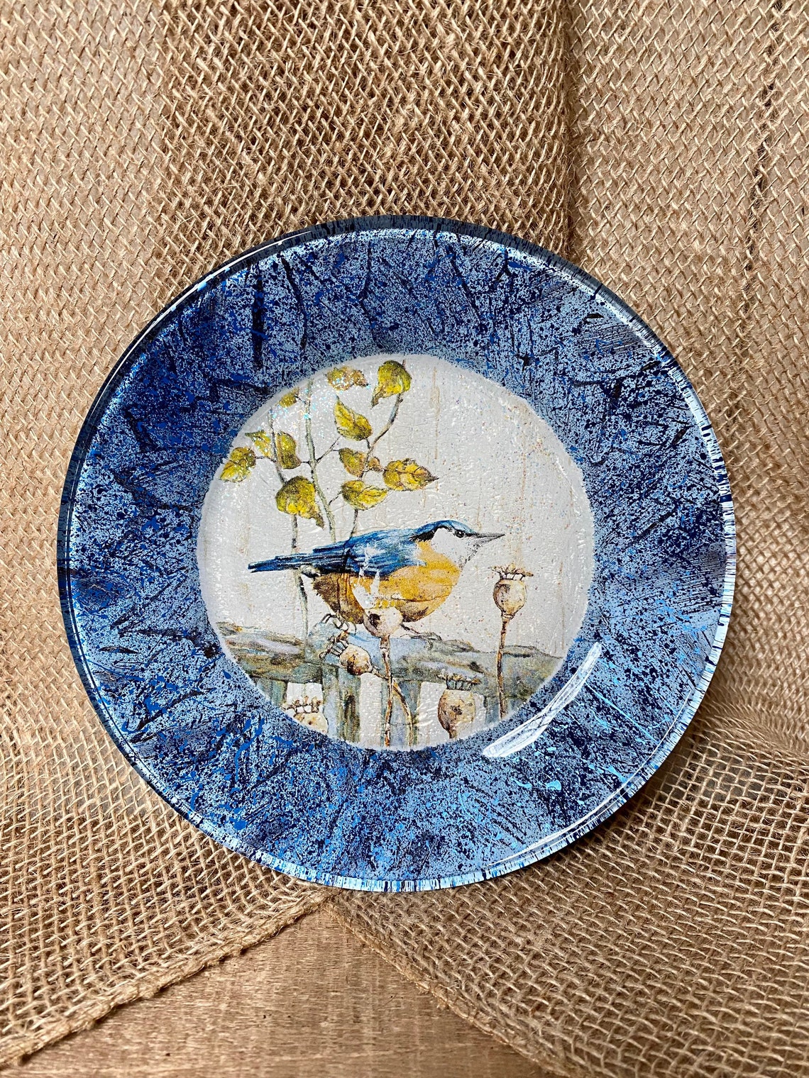 Glass Plate Decoupaged, Decorative Bird Plate, Rustic Decor, Bird ...