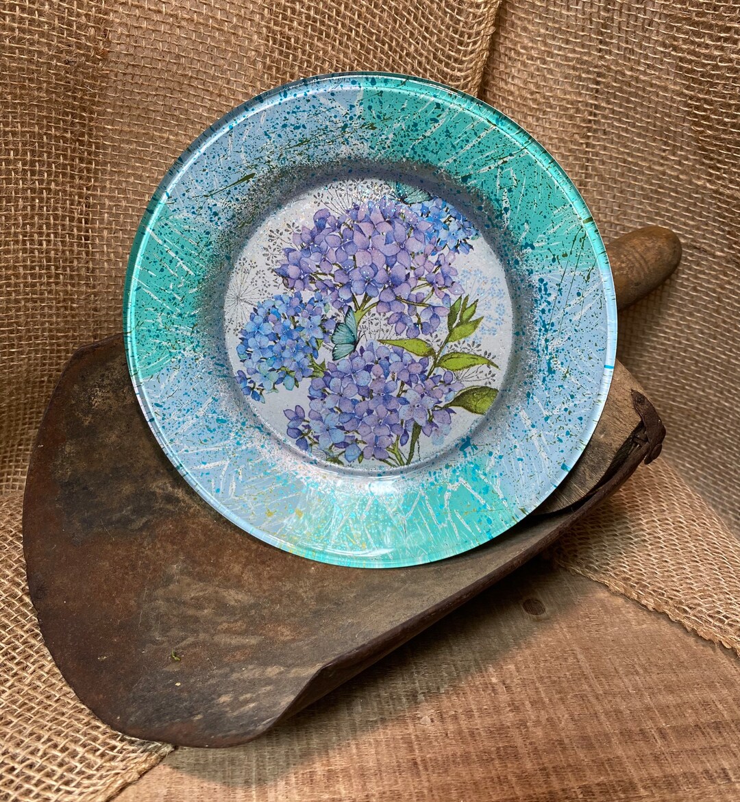 Glass Plate, Decoupaged Plate, Hydrangea Decorative Plate, Hydrangea ...