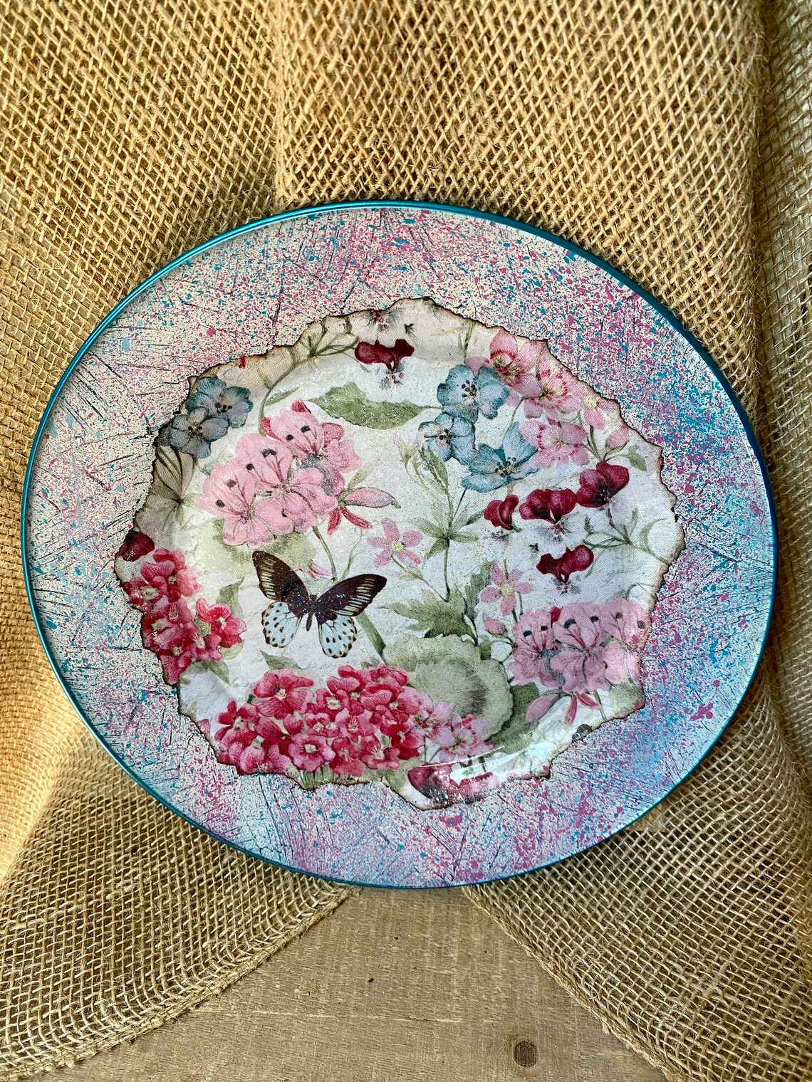 Hydrangeas Glass Plate, Butterfly Dinner Plate, Decoupaged Plate, Table ...