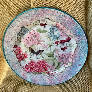 Hydrangeas Glass Plate, Butterfly Dinner Plate, Decoupaged Plate, Table ...