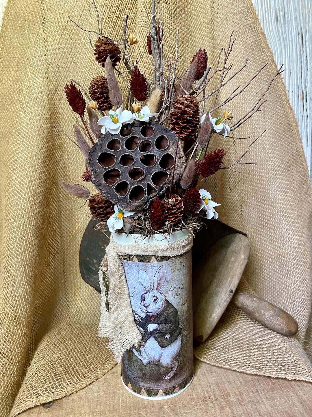 White Rabbit Tin Can Alice in Wonderland With Dried Arrangement ...