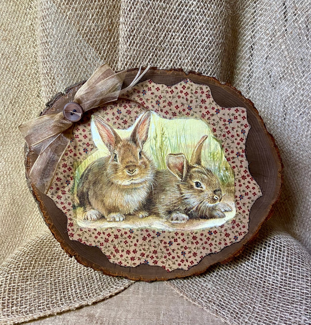 Rabbit Plaque, Bark Wood Rabbit, Decoupage Bunnies, Rustic Decorative ...