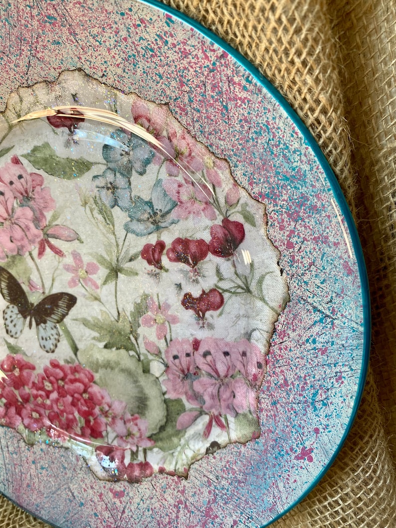 Hydrangeas Glass Plate, Butterfly Dinner Plate, Decoupaged Plate, Table ...