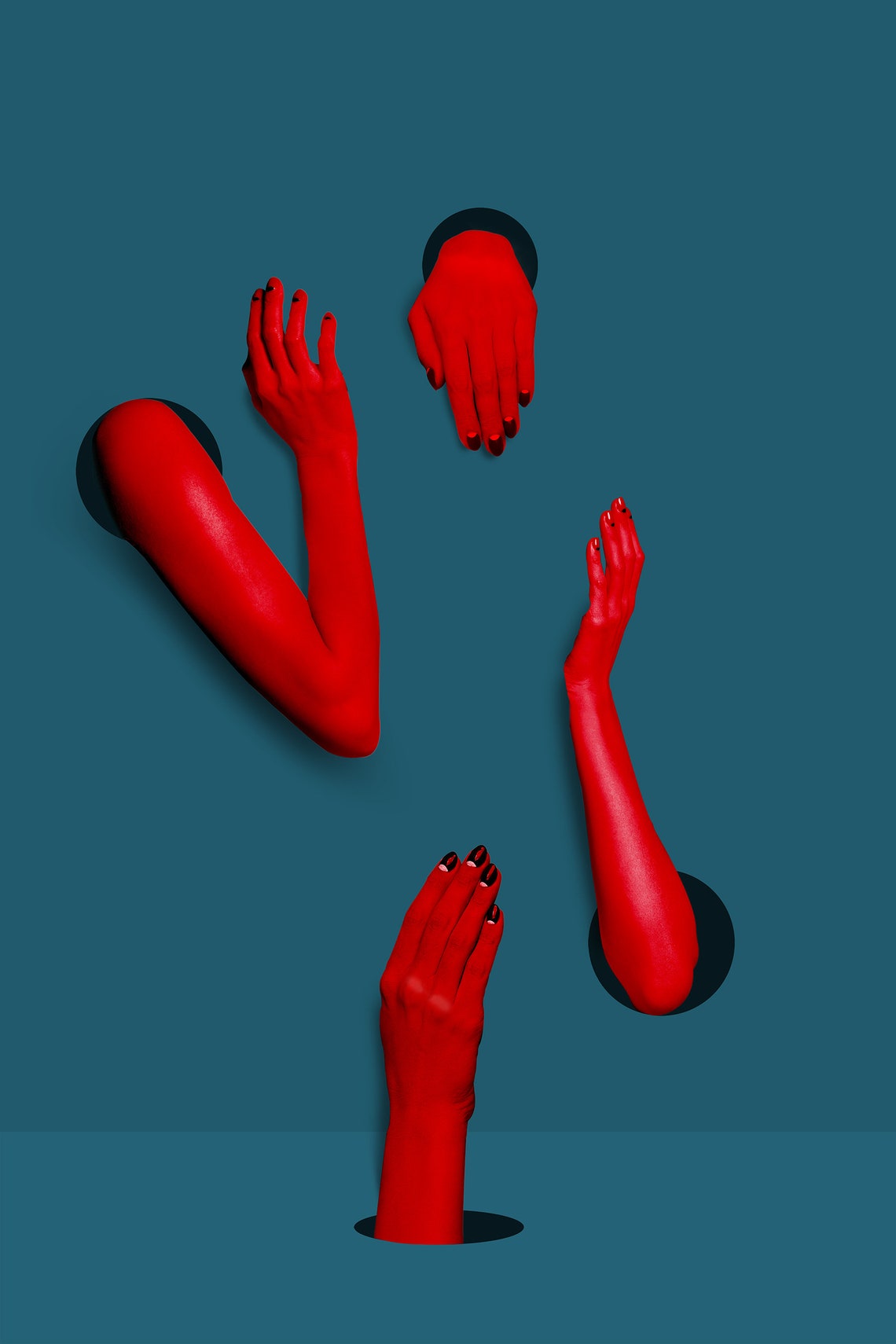 Reaching Out, 4"x6" Postcard Set, Red Hands Popping up From a Wall ...