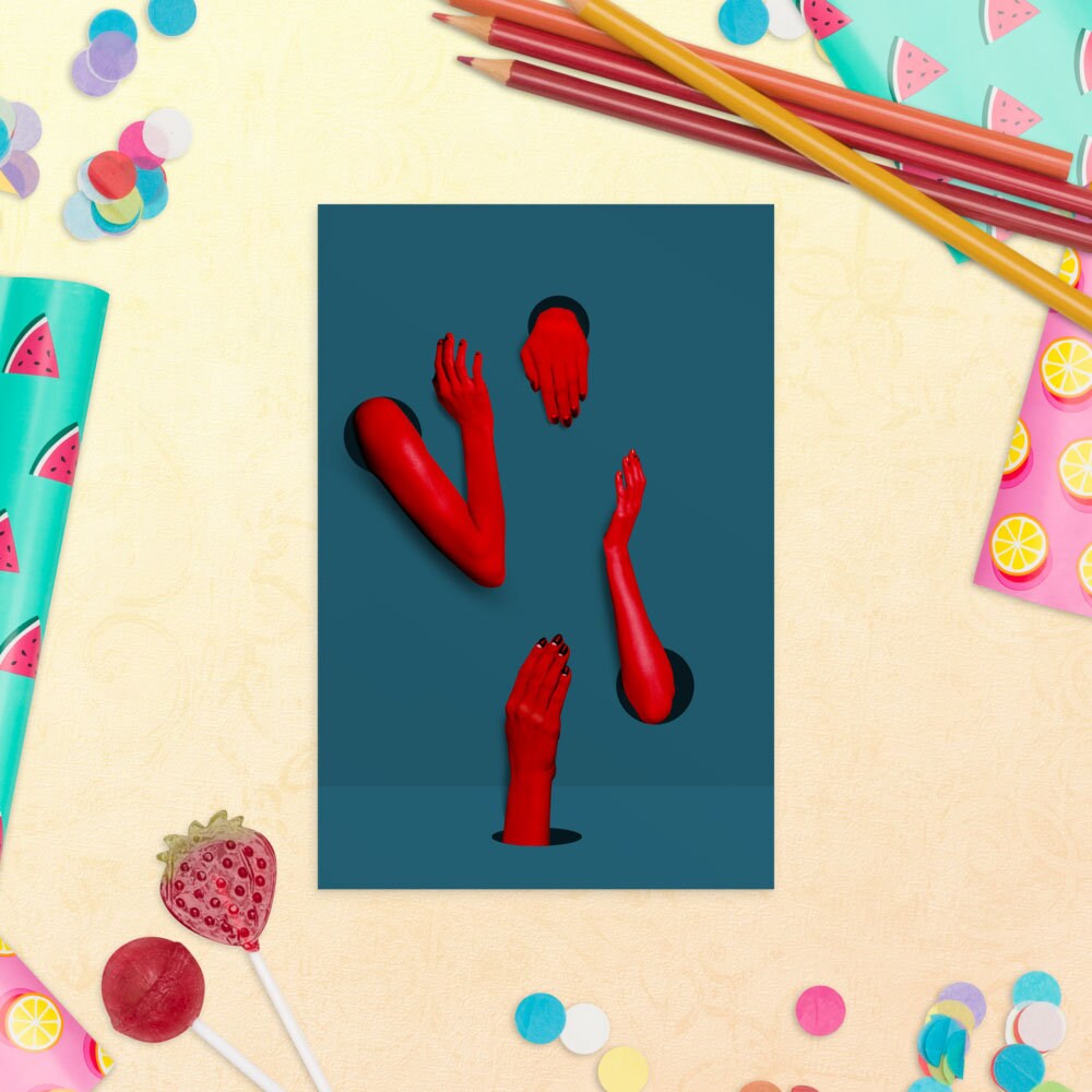Reaching Out, 4"x6" Postcard Set, Red Hands Popping up From a Wall ...