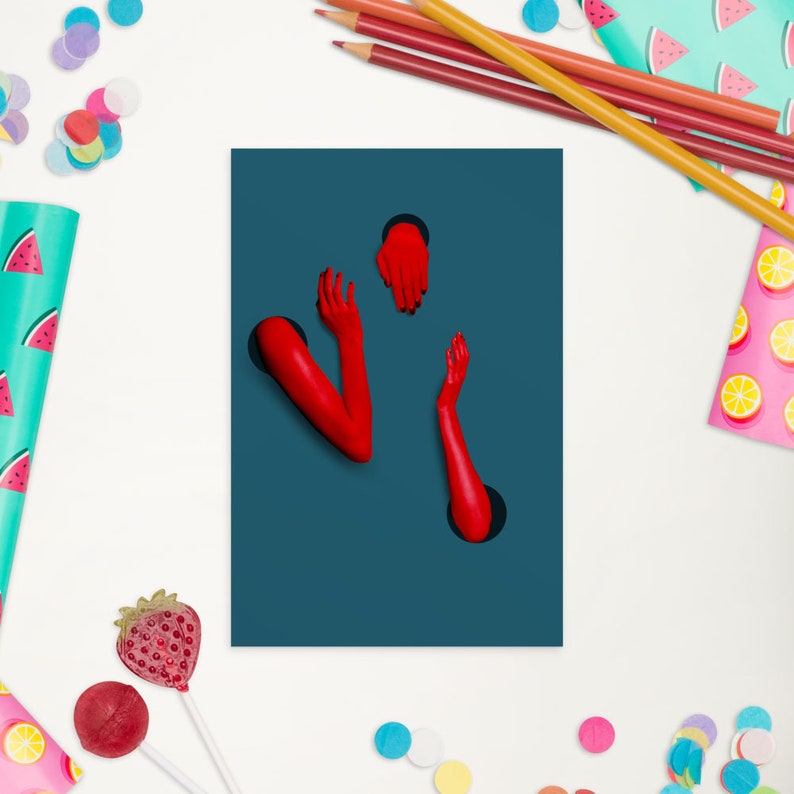 Reaching Out, 4"x6" Postcard Set, Red Hands Popping up From a Wall ...
