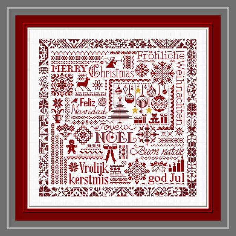 Red Christmas Sampler Counted Cross Stitch Chart. Features - Etsy