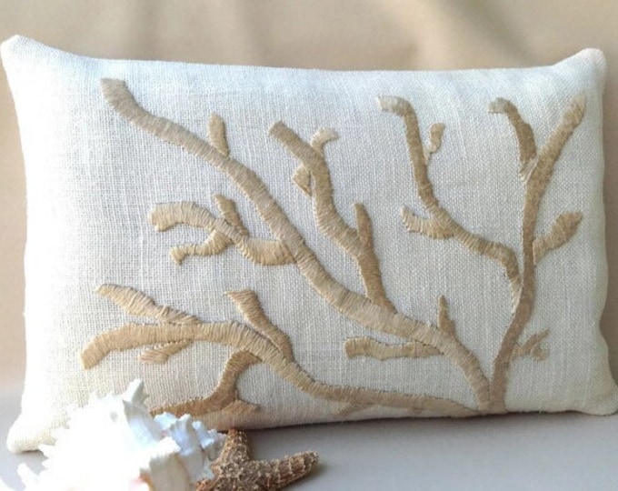 Coral Pillow - Sea Life Nautical Home Decor - Golden Cream on Ivory ...