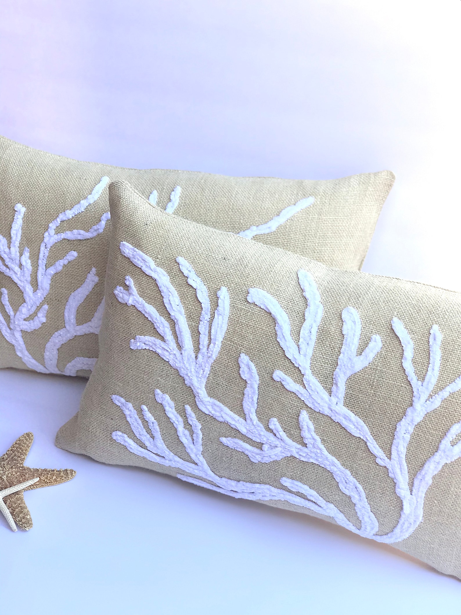 Coral Pillow - Sea Life Nautical Home Decor - White Embroidery on ...