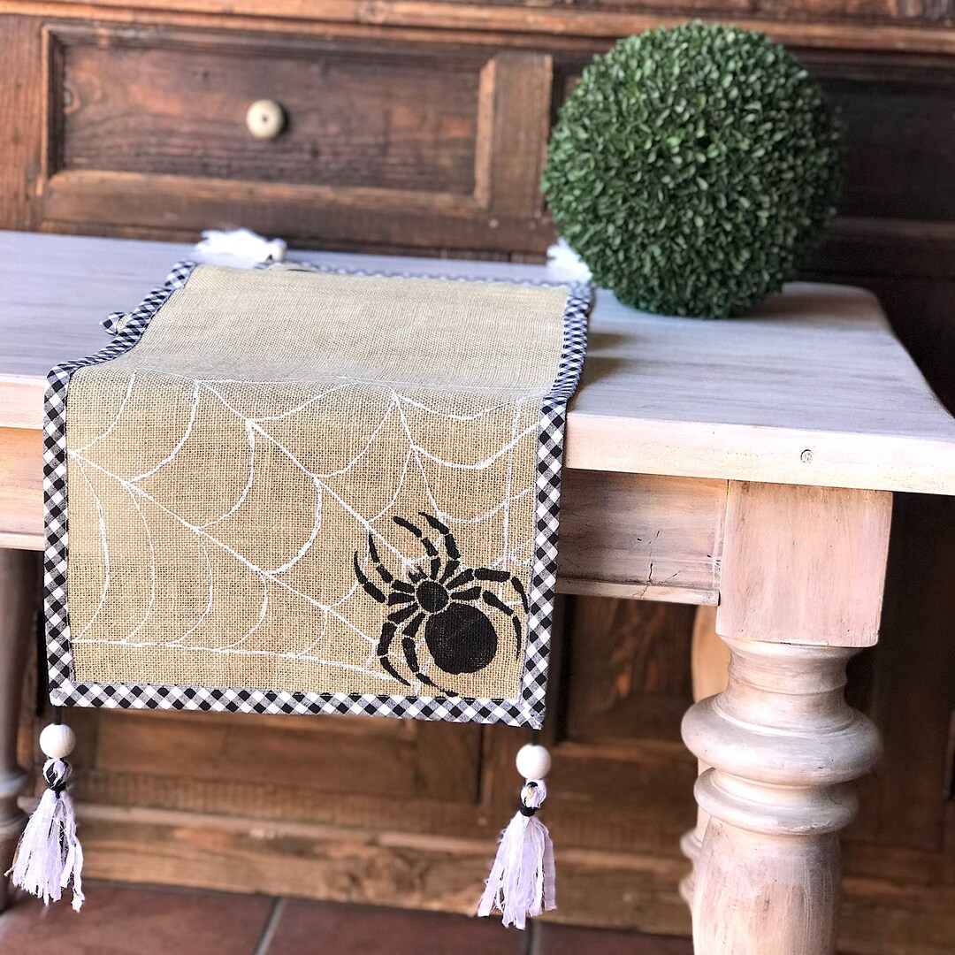 Black Spider Halloween Table Runner Spiderweb , Gingham on Burlap ...