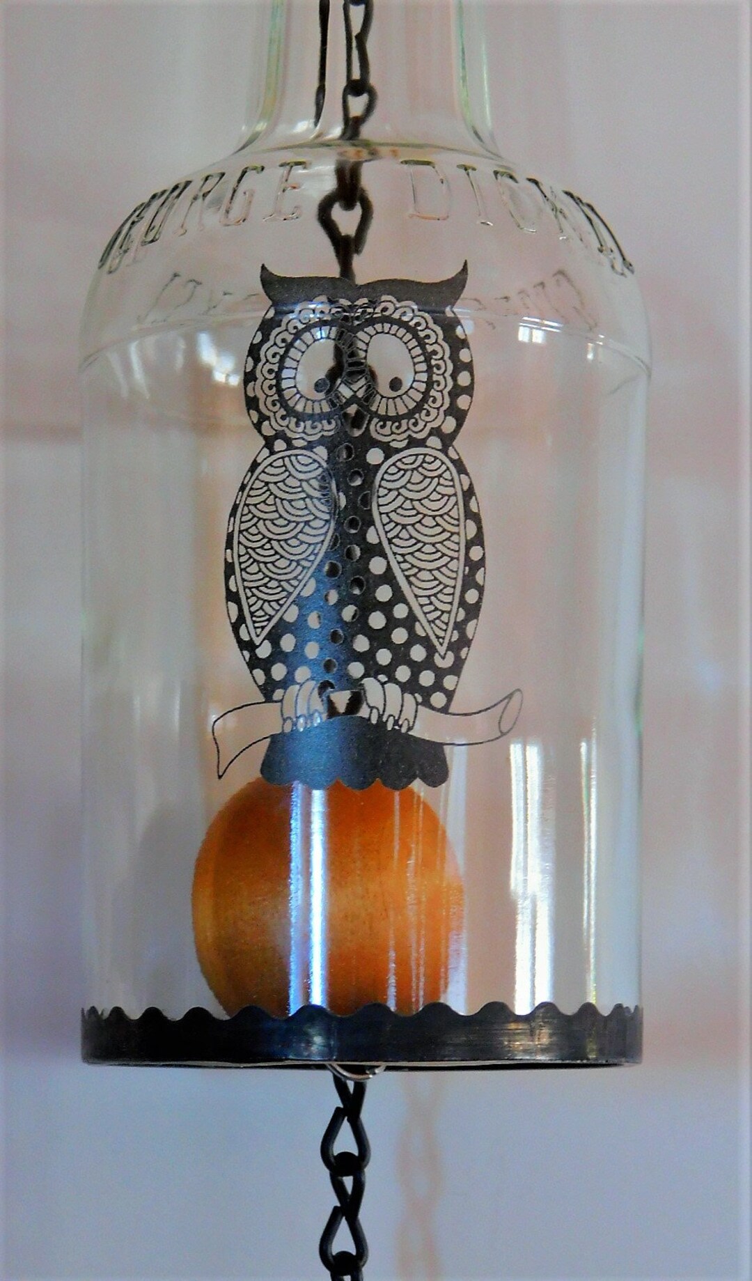 Clear Liquor Bottle Wind Chime With A Cute Owl Decal Fused on Glass ...