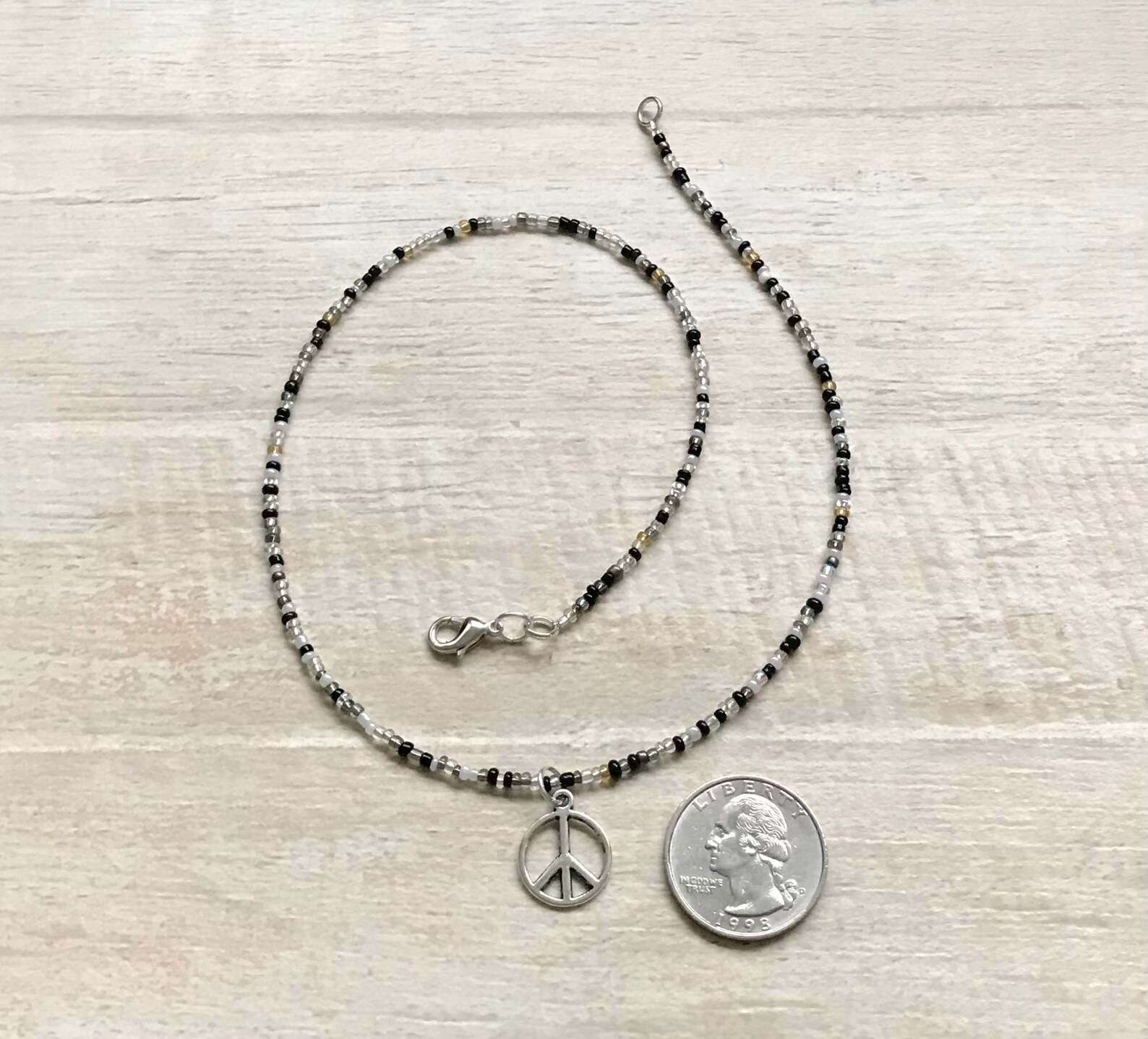 Peace Sign Necklace Retro Choker Small Charm Seed Bead Boho Hippie Rock ...