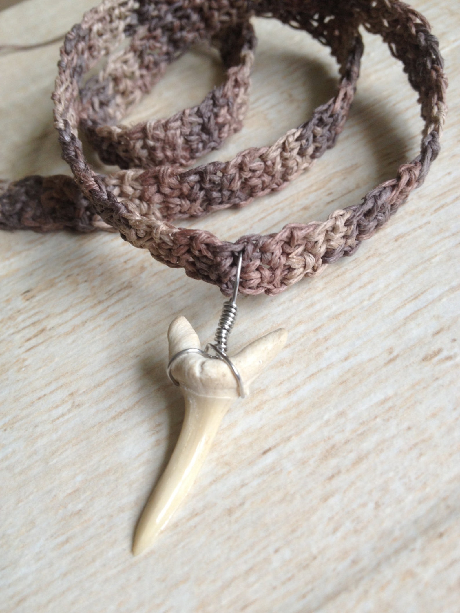 Shark Tooth Necklace Fossil Crochet Hemp Beach Jewelry Ocean Sea Surfer ...