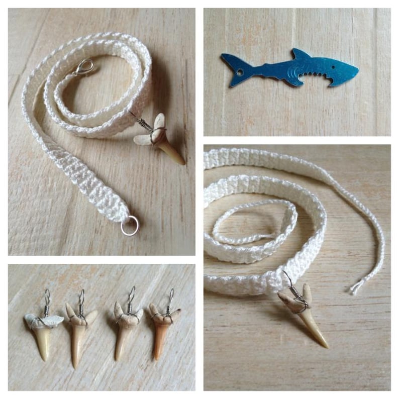 Shark Tooth Necklace Crochet Hemp Beach Ocean Jewelry Fossilized Tooth ...