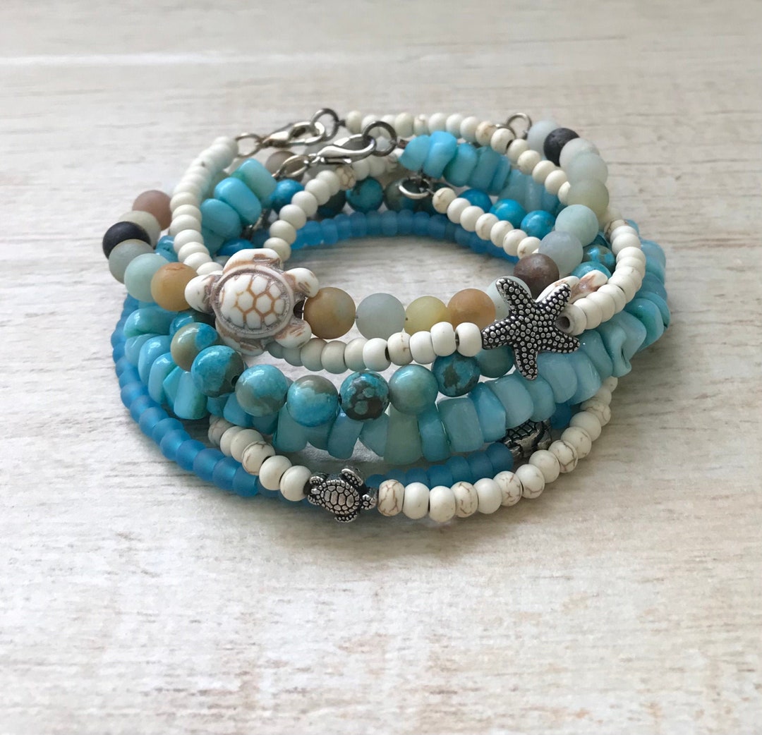 Beach Stackable Bracelets Shell Stone Starfish Sea Turtle Honu Ocean ...