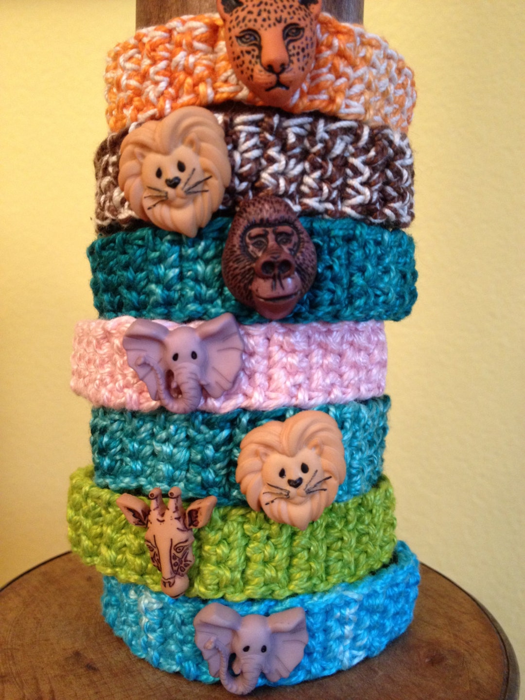 Crocheted Animal Button Bracelet Animal Face Safari Wildlife Zoo Circus ...