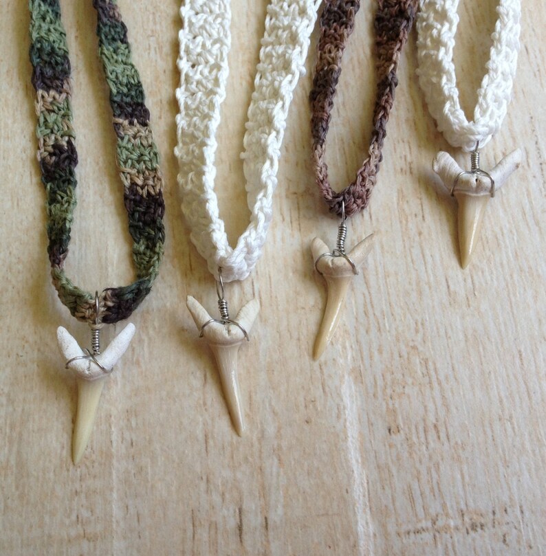 Shark Tooth Necklace Fossil Crochet Hemp Beach Jewelry Ocean Sea Surfer ...
