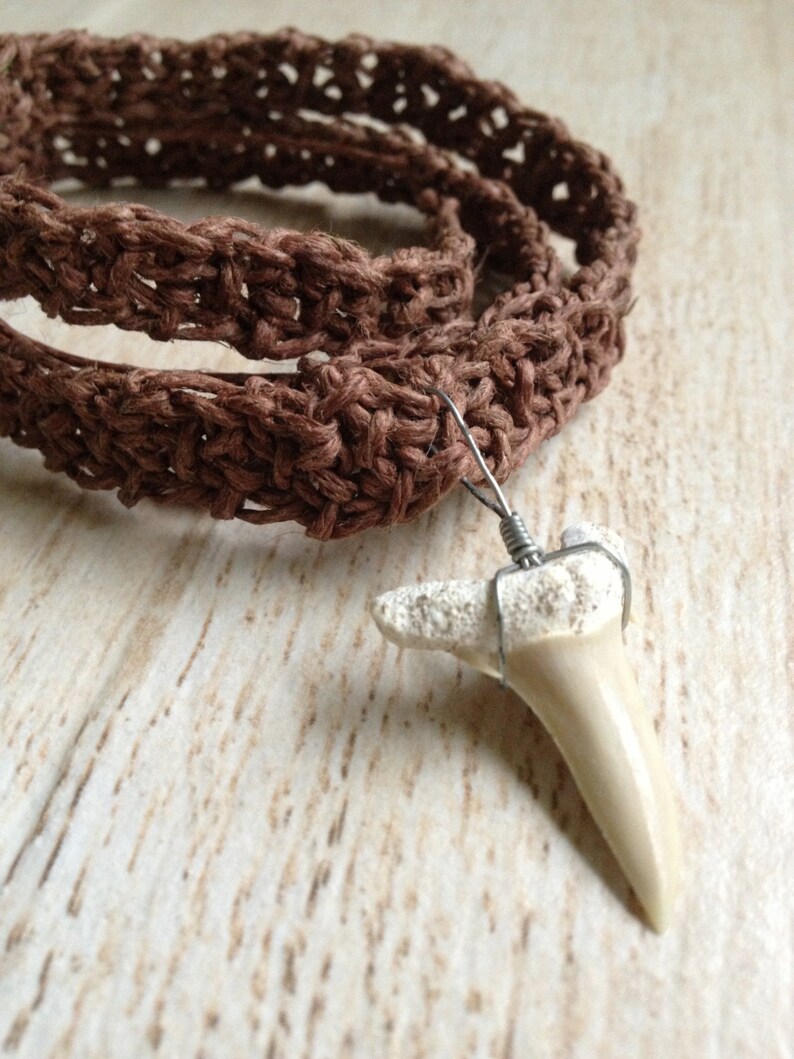 Shark Tooth Necklace Crochet Hemp Beach Ocean Jewelry Fossilized Tooth ...