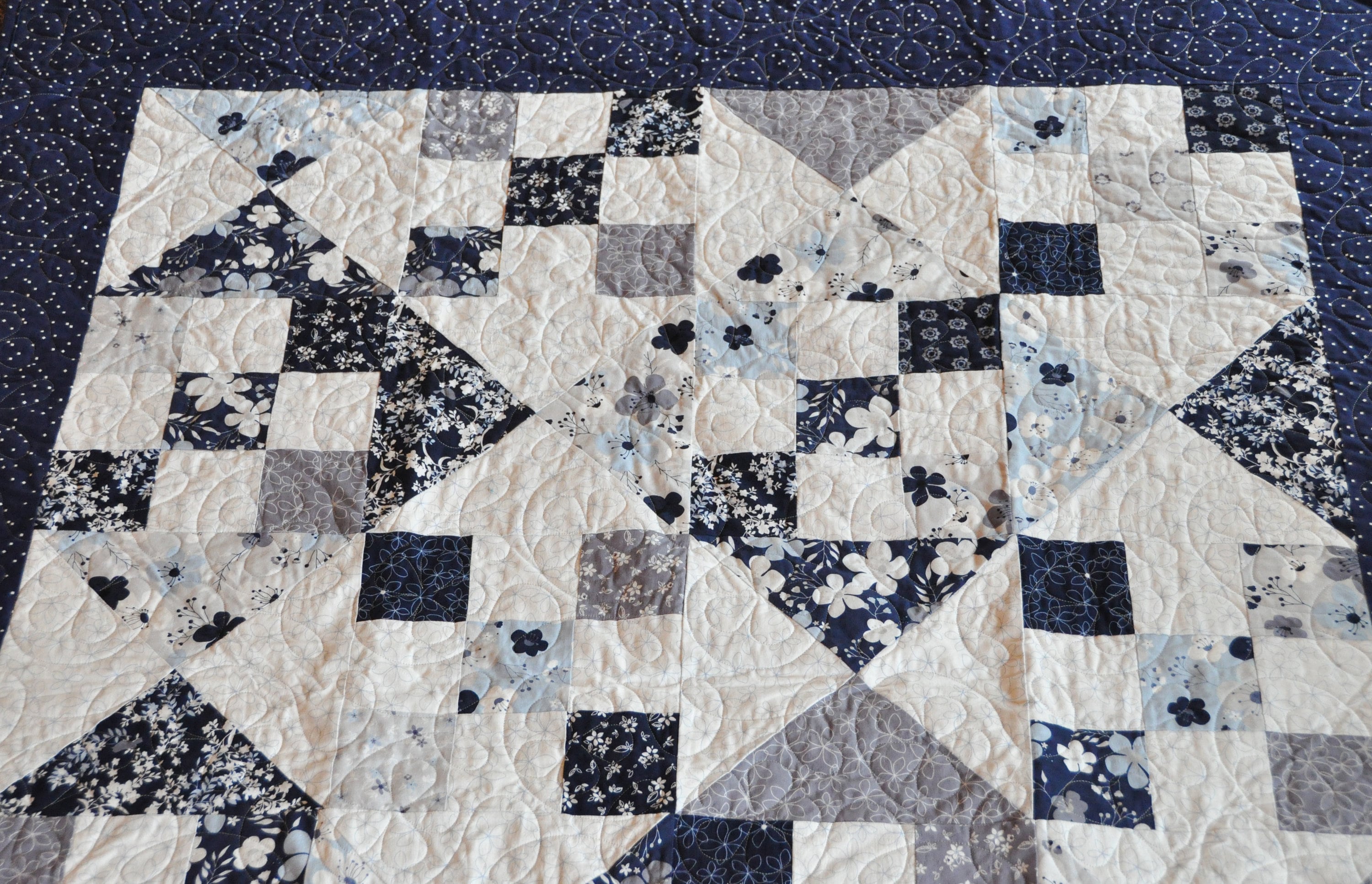 Blue, Grey and White Quilt With Flowers - Etsy