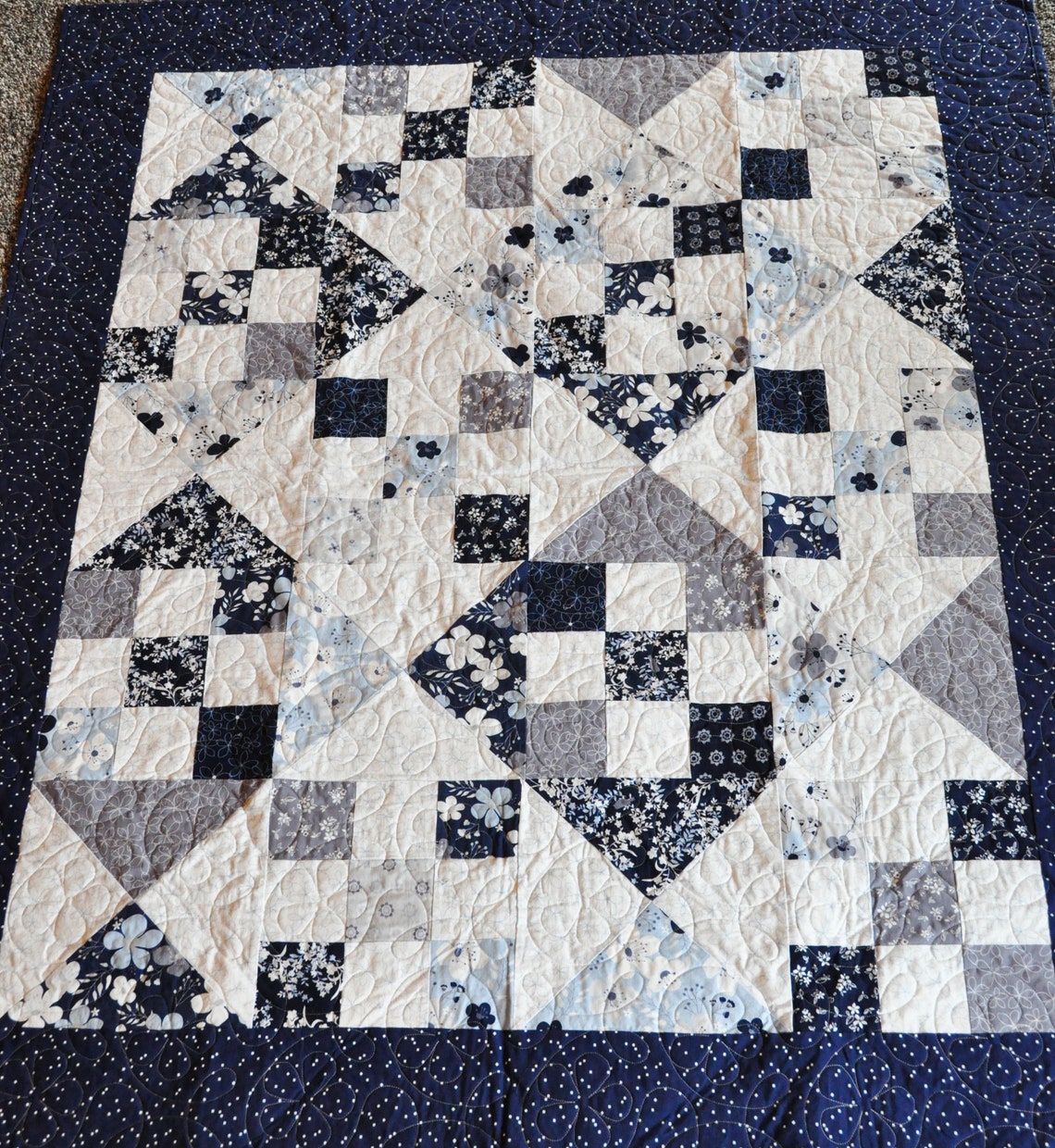 Blue, Grey and White Quilt With Flowers - Etsy