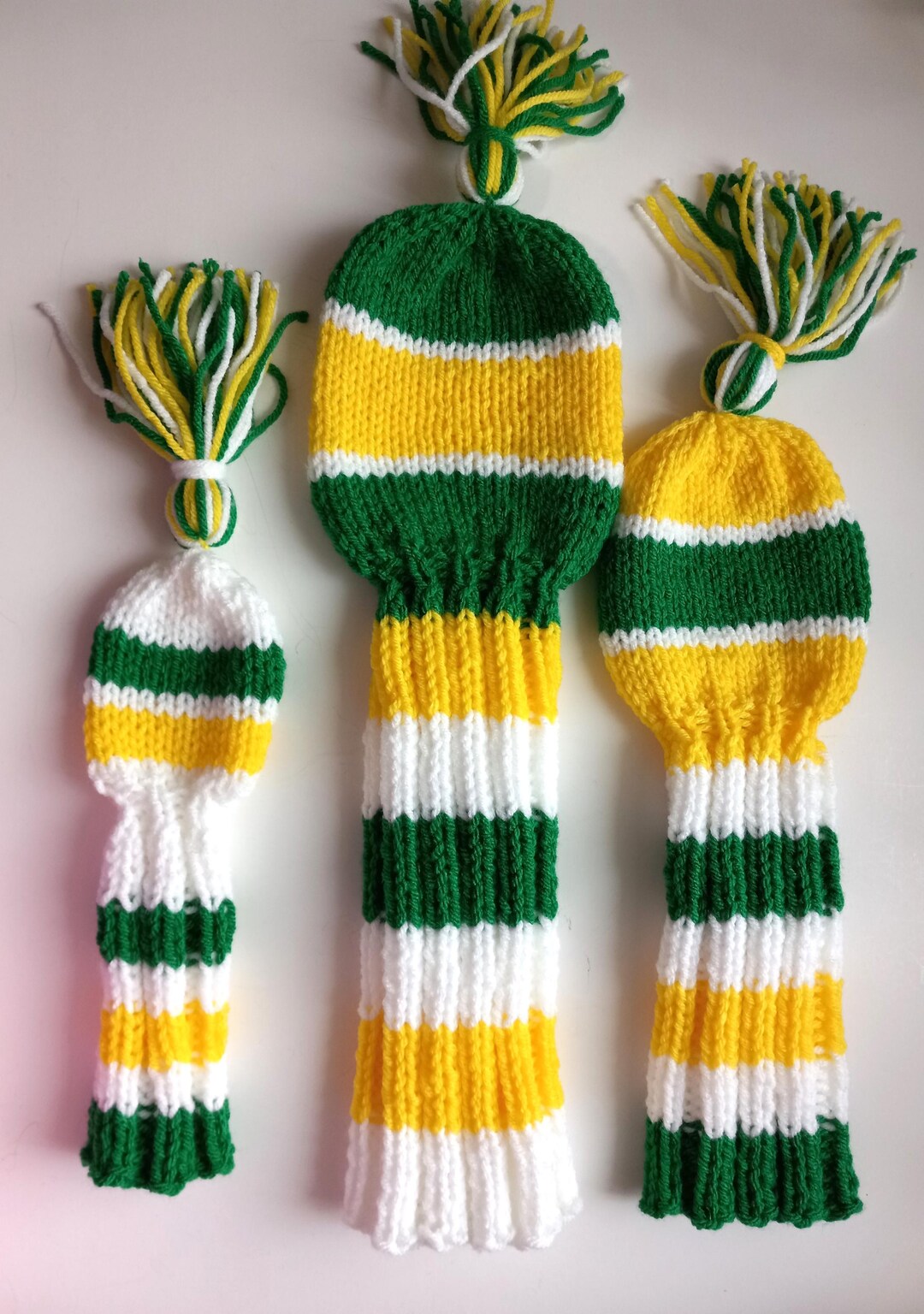 Hand Knit Golf Club Headcover • Green, Yellow & White • Pom or Tassels ...