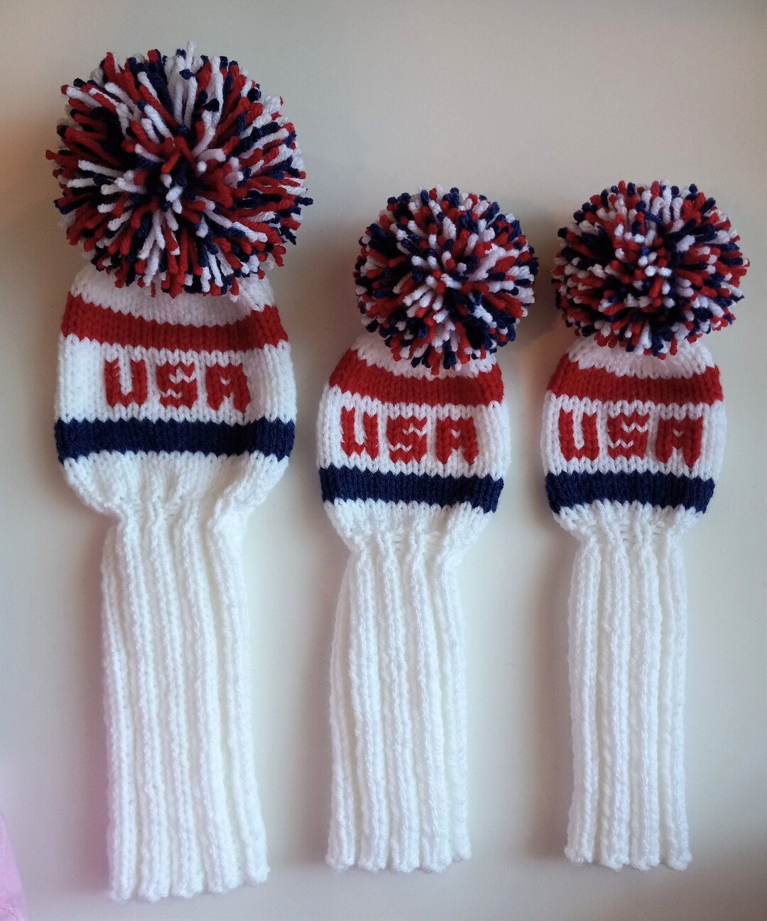 USA Patriotic Hand Knit Headcovers Choose Red, White, or Navy. Choose ...