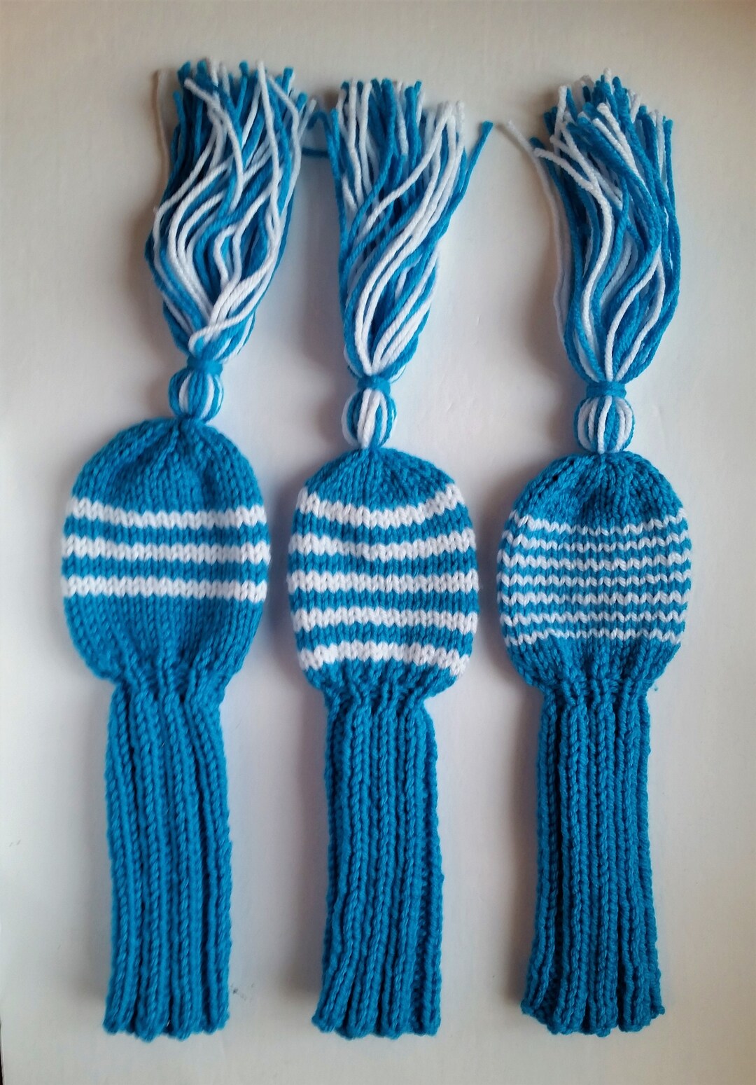 Hand Knit Golf Club Headcover • Teal & White Stripe • Tassel • Vintage ...