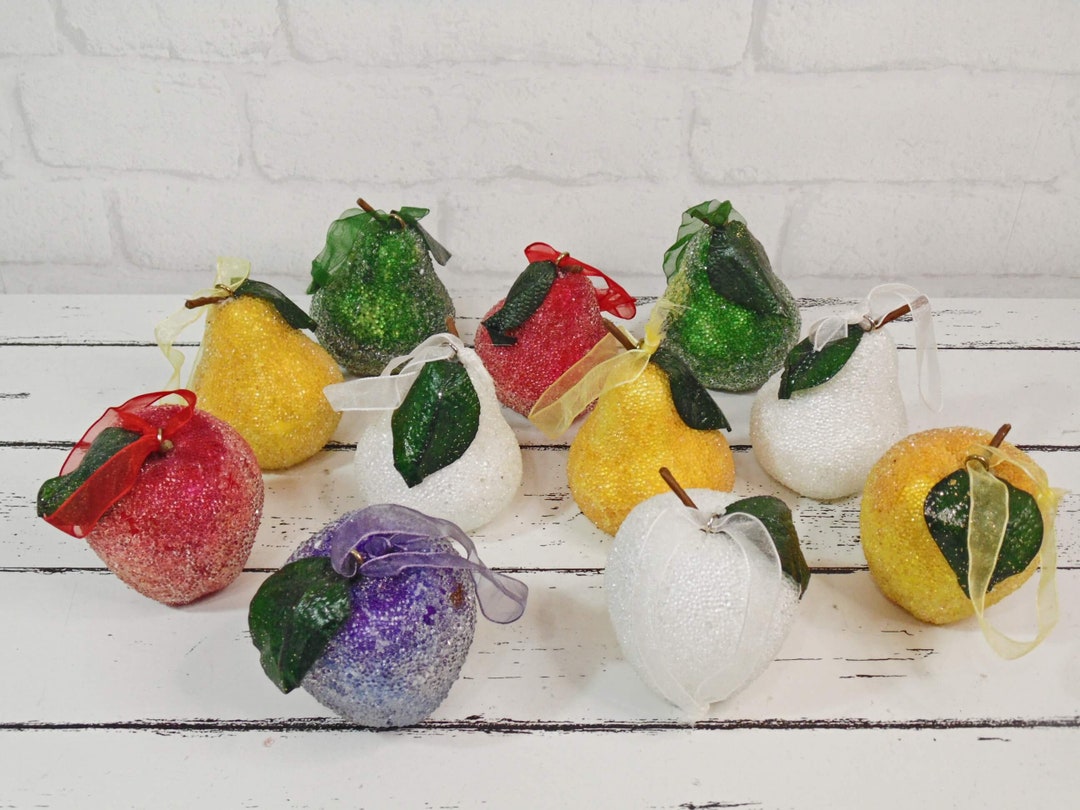 11 Plastic Beaded Fruit Ornaments With Ribbon Hangers / 7 Pears / 4 ...