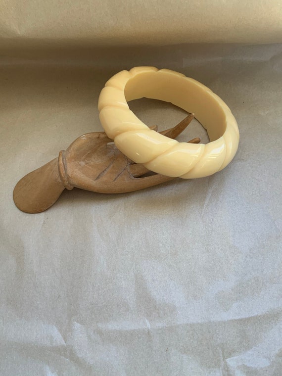 Antique Cream Heavily Carved Early Plastic Bangle - Gem