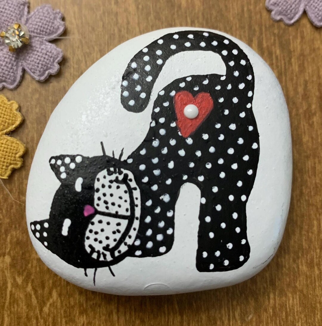 Silly Black and White Polka Dot Kitty and Red Heart Painted Love Rock ...