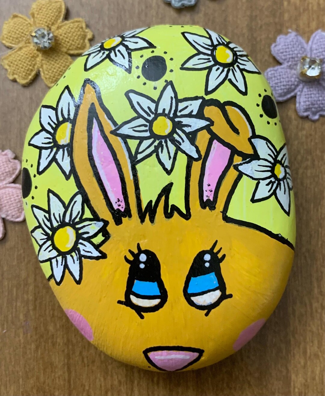 Easter Bunny and Flowers Painted Rock - Etsy