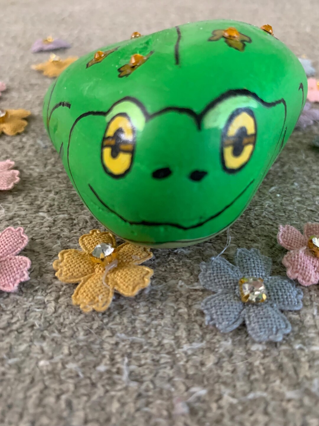 Big Green Frog Painted Rock With Gold Gems - Etsy