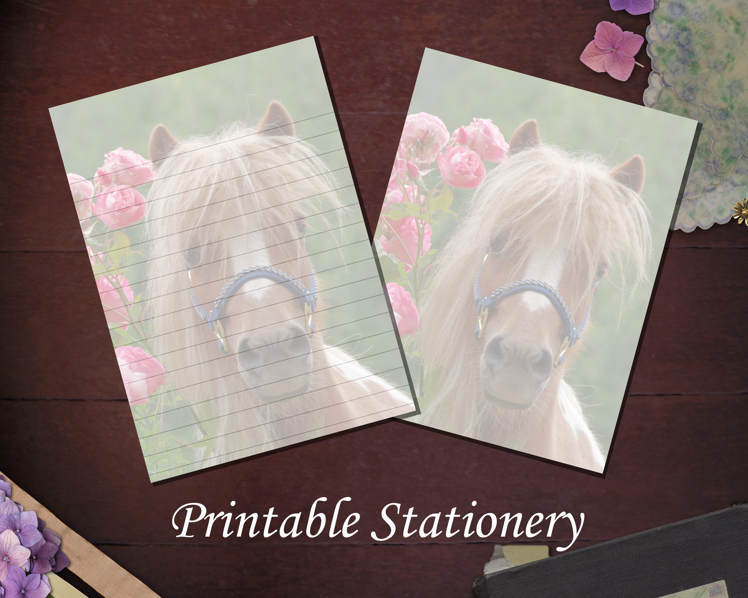 Two Bits Pony in Roses Printable Horse Stationery, Instant Digital ...