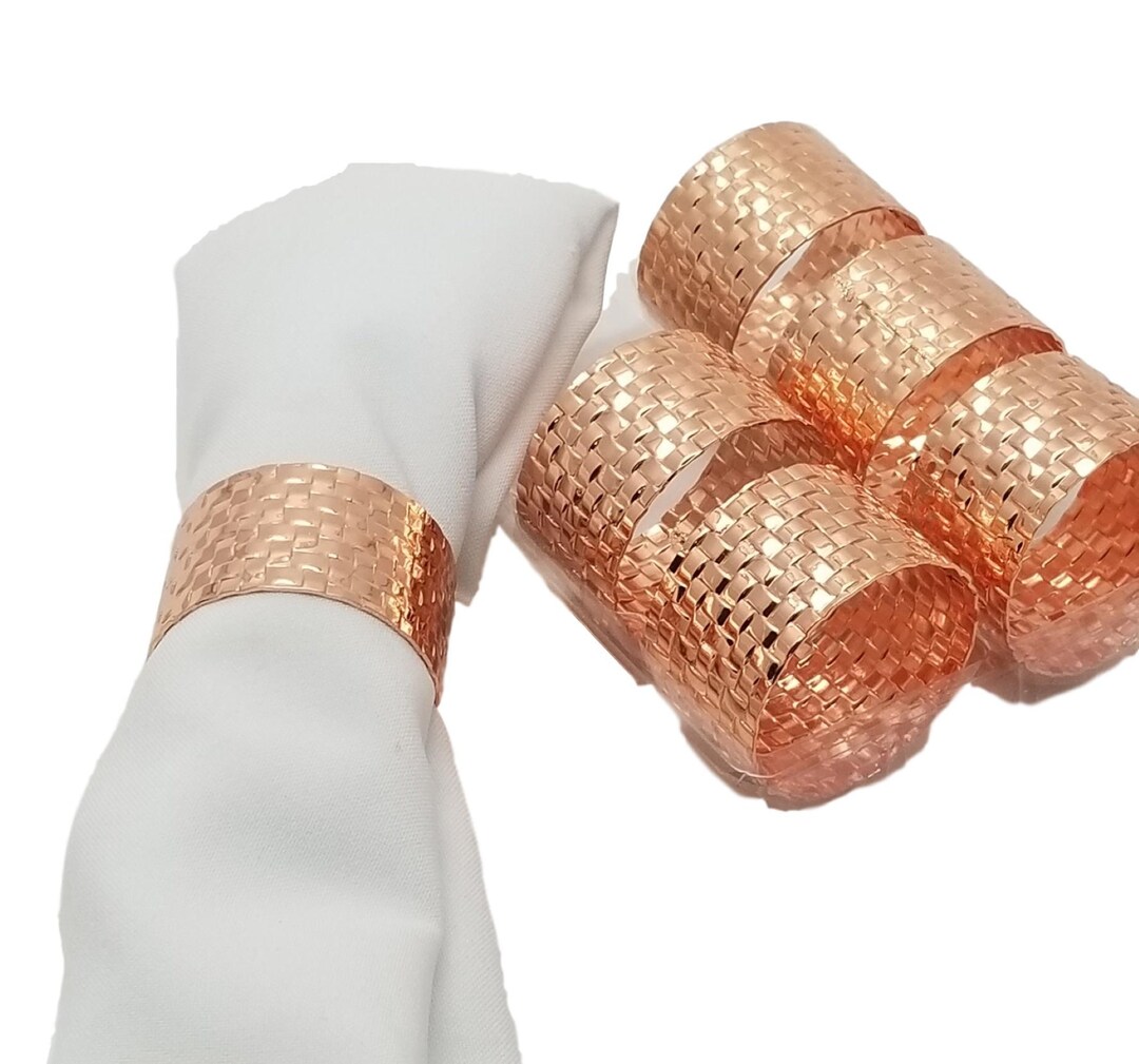 Rose Gold Metal Napkin Rings Etched Tweed Mini Squares Design 6 Pieces ...