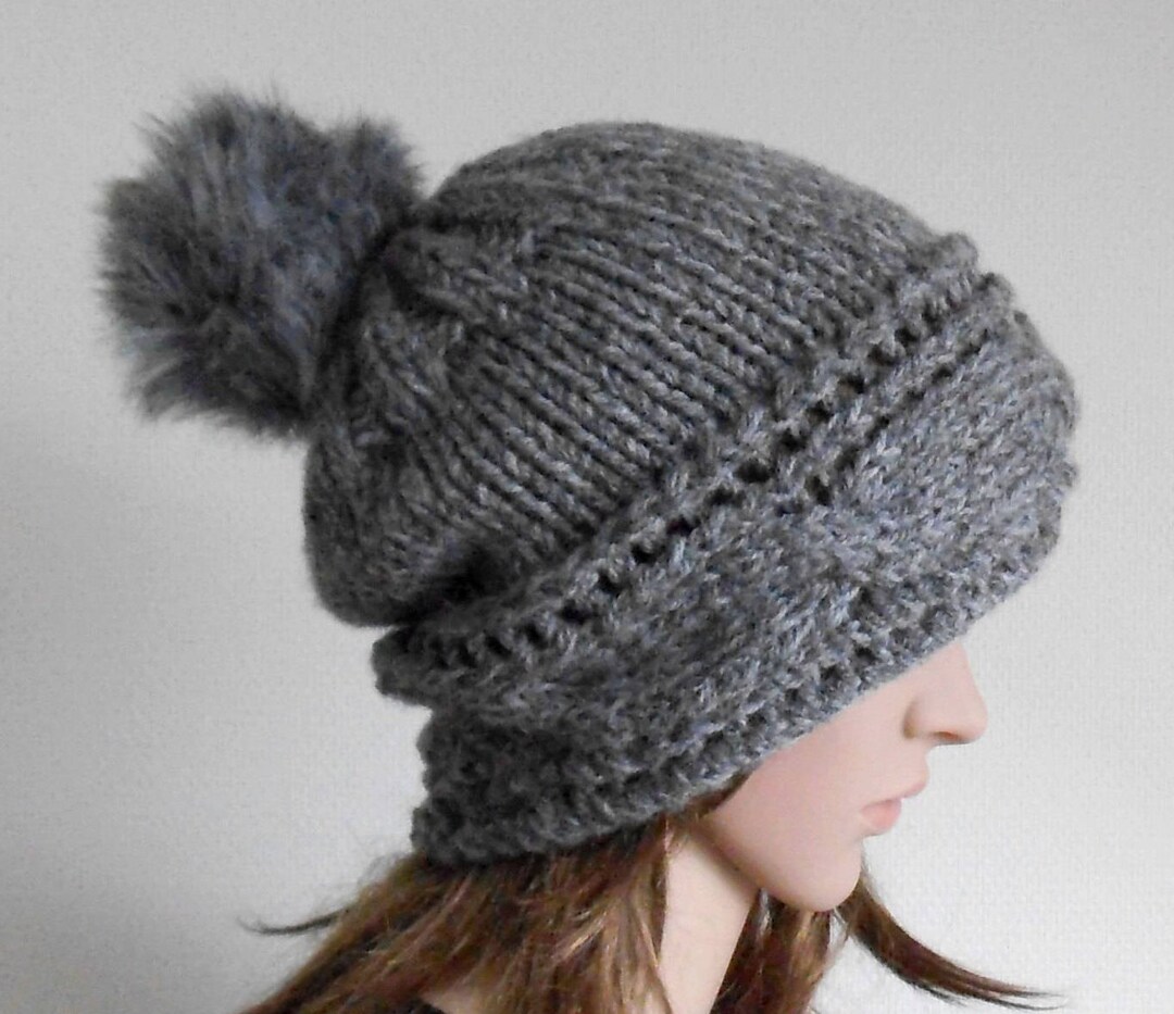 Gray Wool Hat With Pom-pom in Top. Hand Knit Hat. Winter Women Hat ...