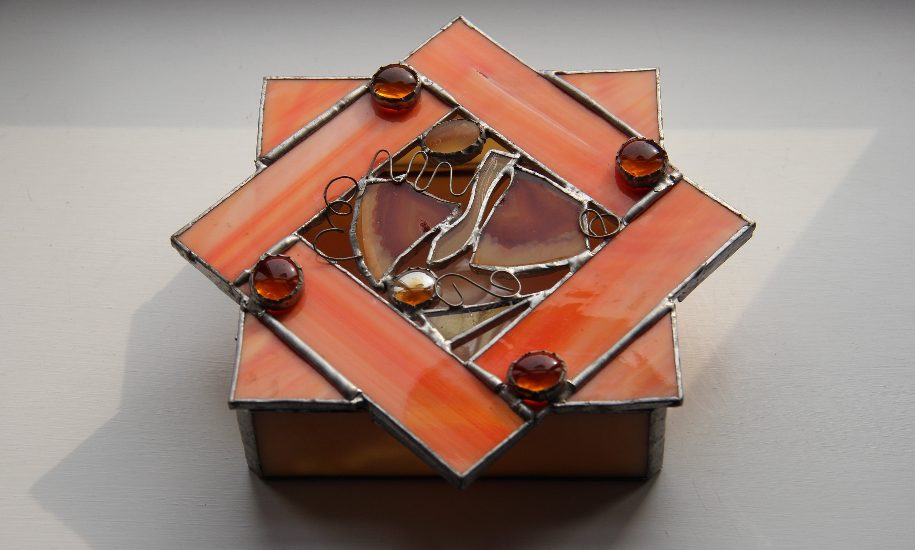 Orange Stained Glass Keepsake Box open work with Geode | Etsy