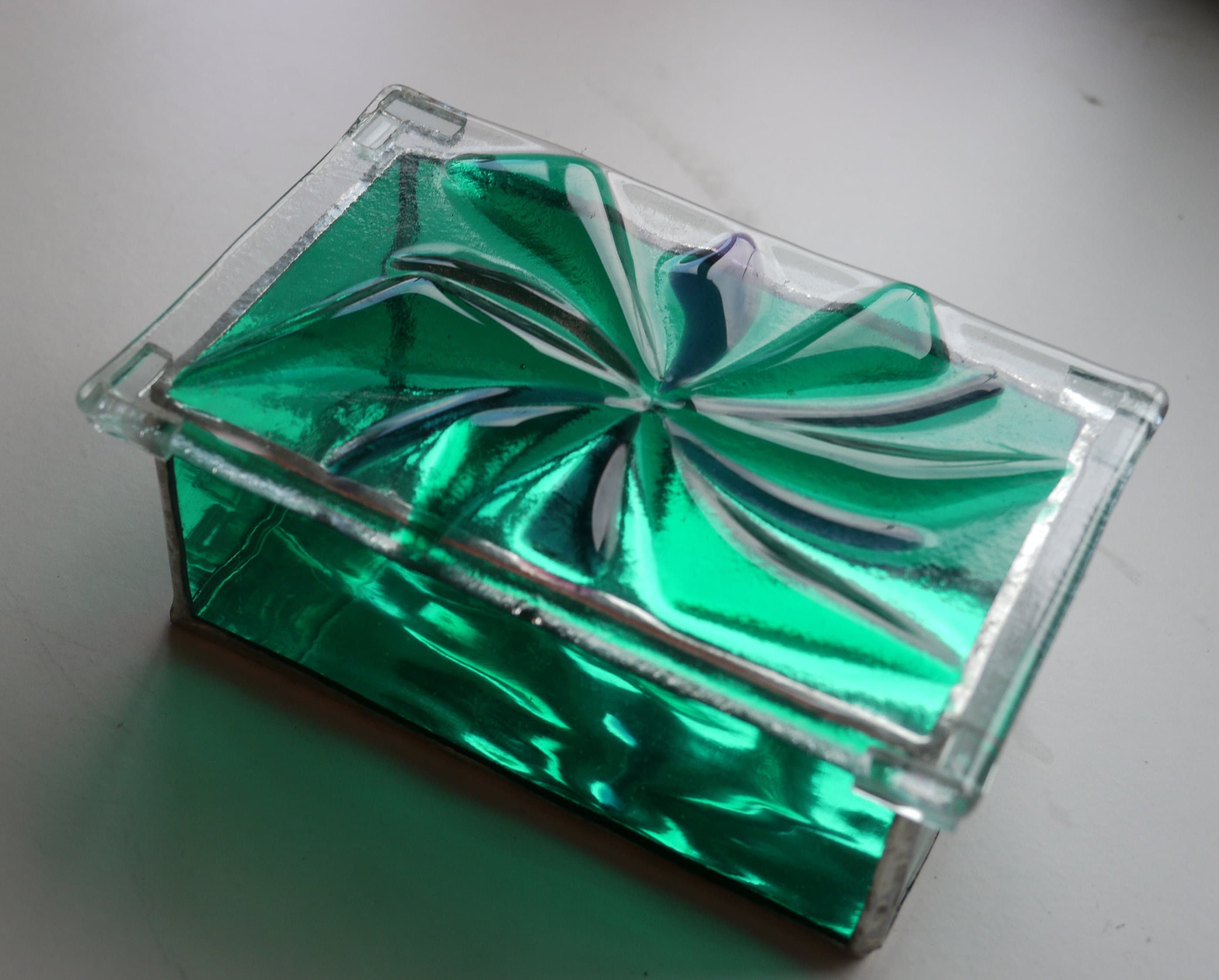 Fused Glass Emerald Green, Aqua Swirled Trinket Box Jewellery ...