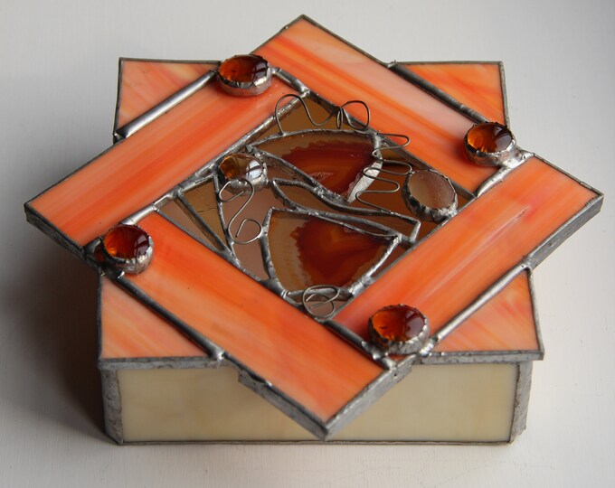 Orange Stained Glass Keepsake Box open work with Geode Jewellery ...