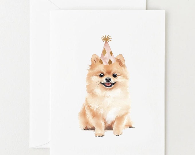 Pomeranian Birthday Card, Happy Birthday Party Hat and Balloons ...
