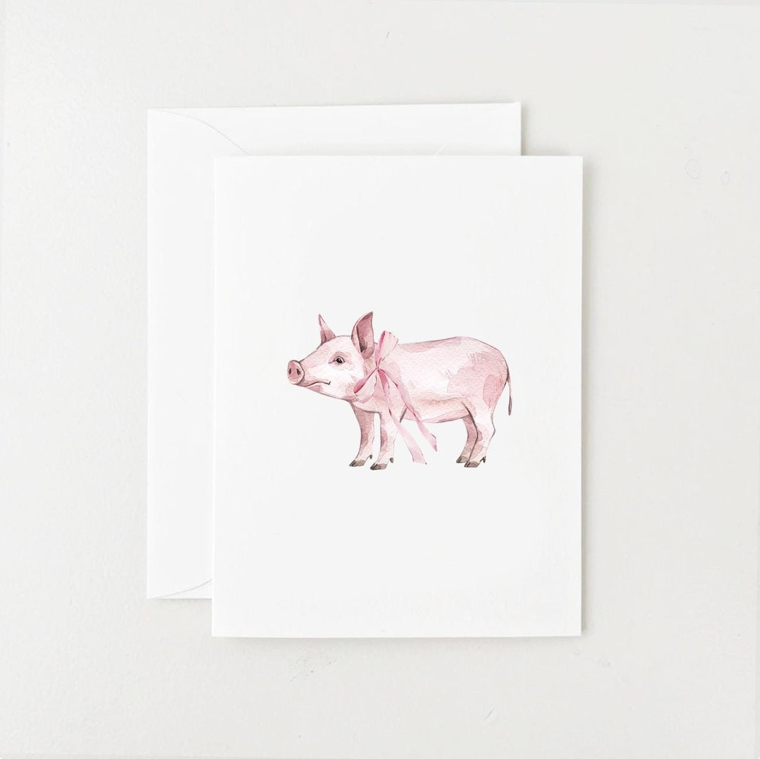 Pig Birthday Card, Cute Coquette Farm Animal Card, Blank Card Pink ...