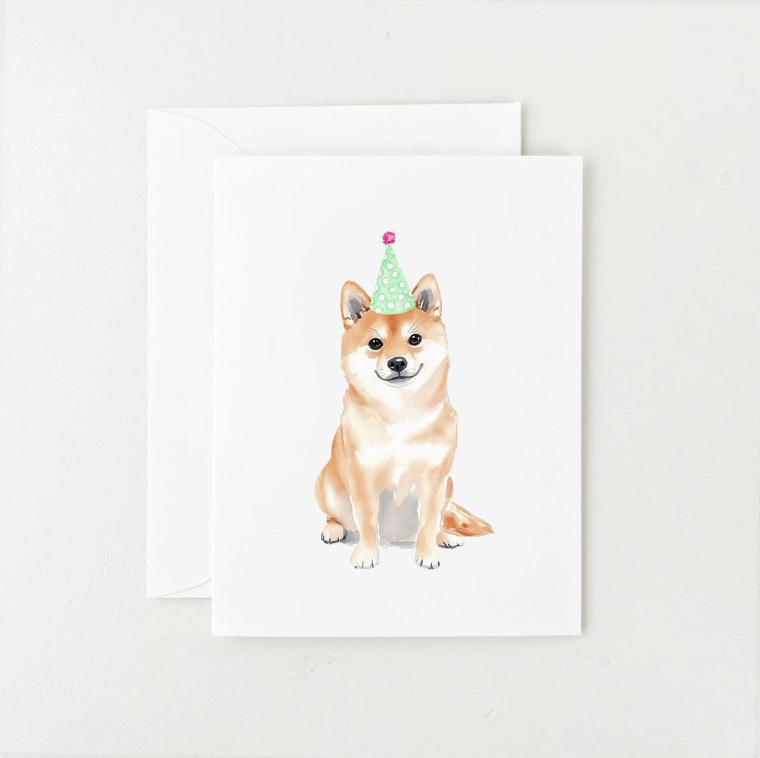 Shiba Inu Birthday Card, Dog Greeting Card, Cute Big Dog in Party Hat ...