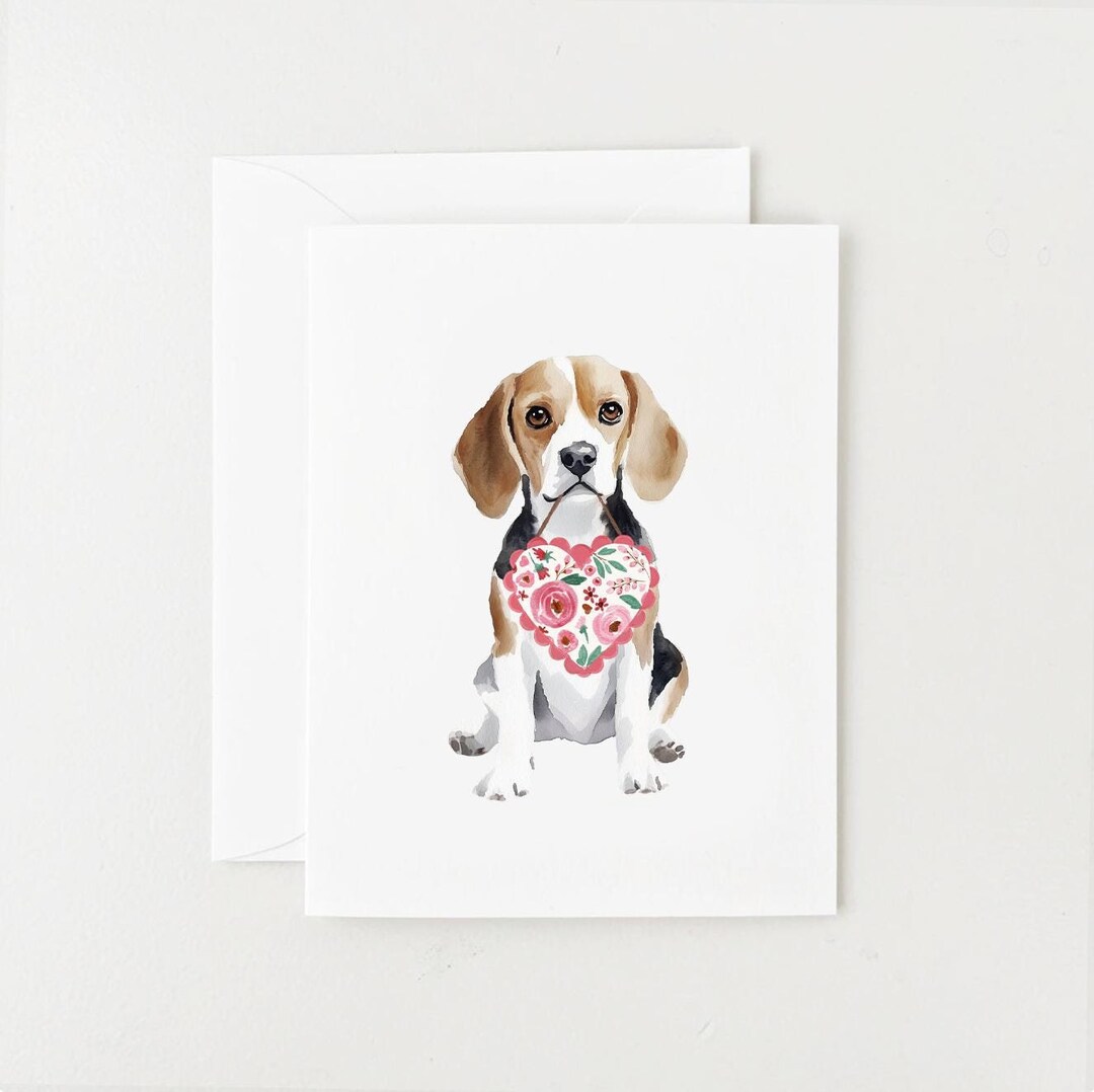 Beagle Valentine Cards, Box Set of 8, Watercolor Dog With Flower Heart ...