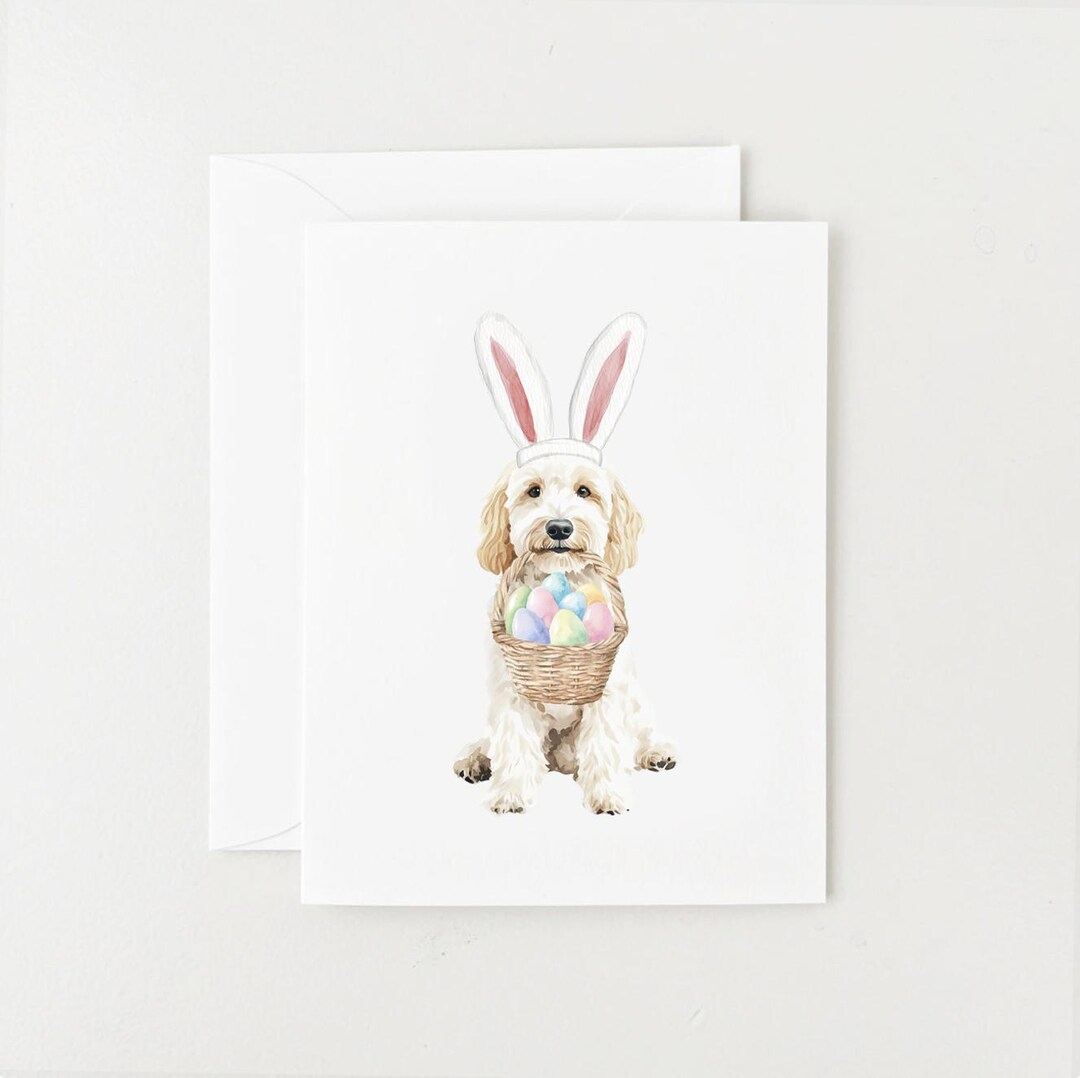 Cream White Labradoodle Easter Cards, Box Set of 8, Goldendoodle Bunny ...