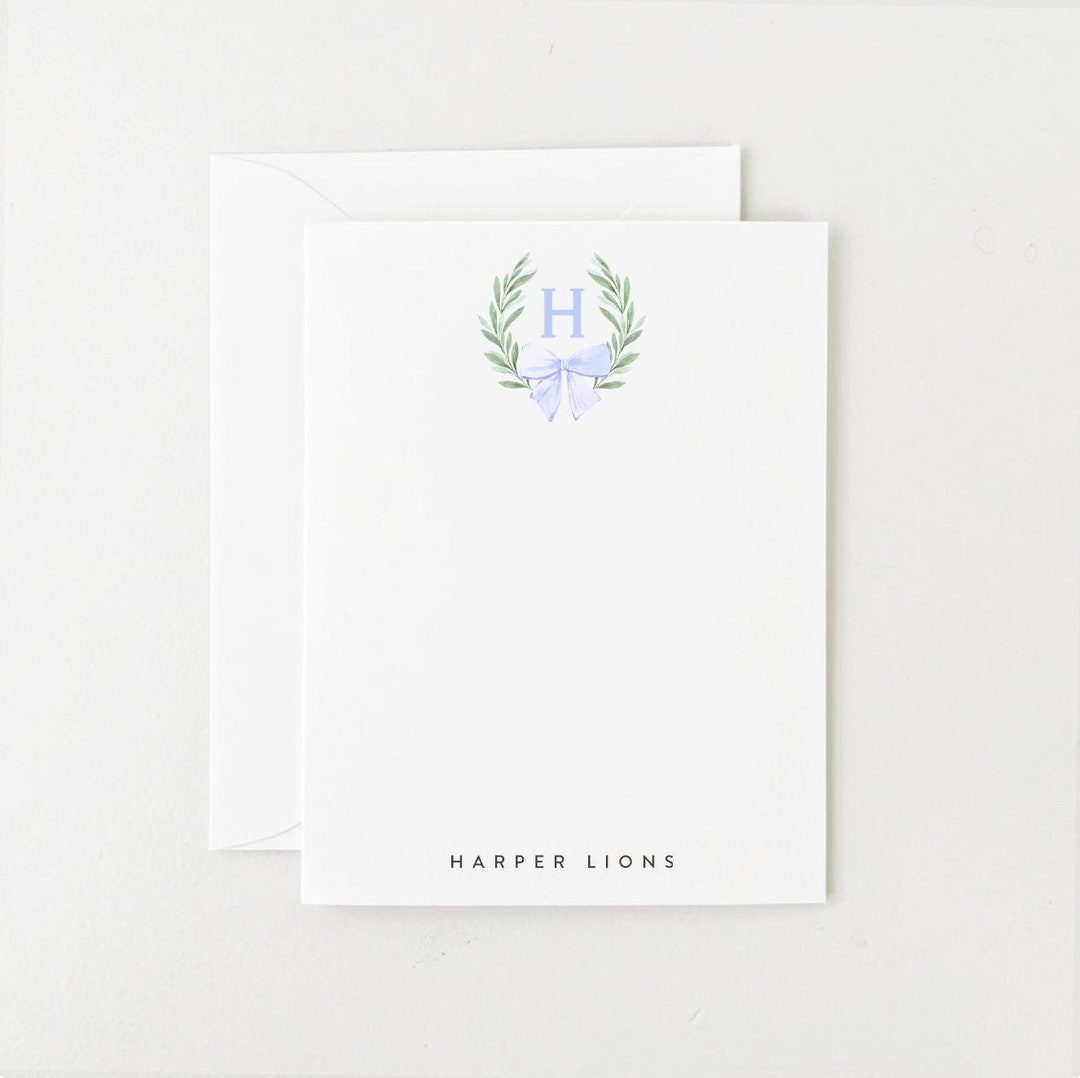 Monogrammed Note Card Set: Watercolor Bow Crest, Personalized ...