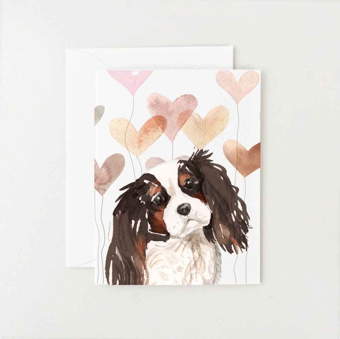 Tricolor Cavalier Valentine's Day Card, Dog Greeting Card, Watercolor ...