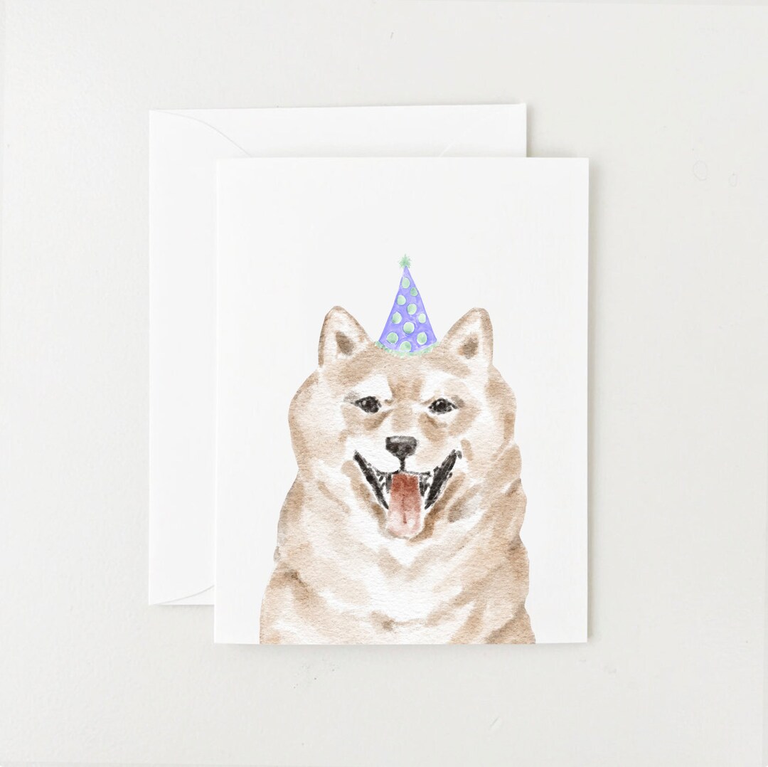 Shiba Inu Birthday Card, Dog Greeting Card, Cute Big Dog in Party Hat ...