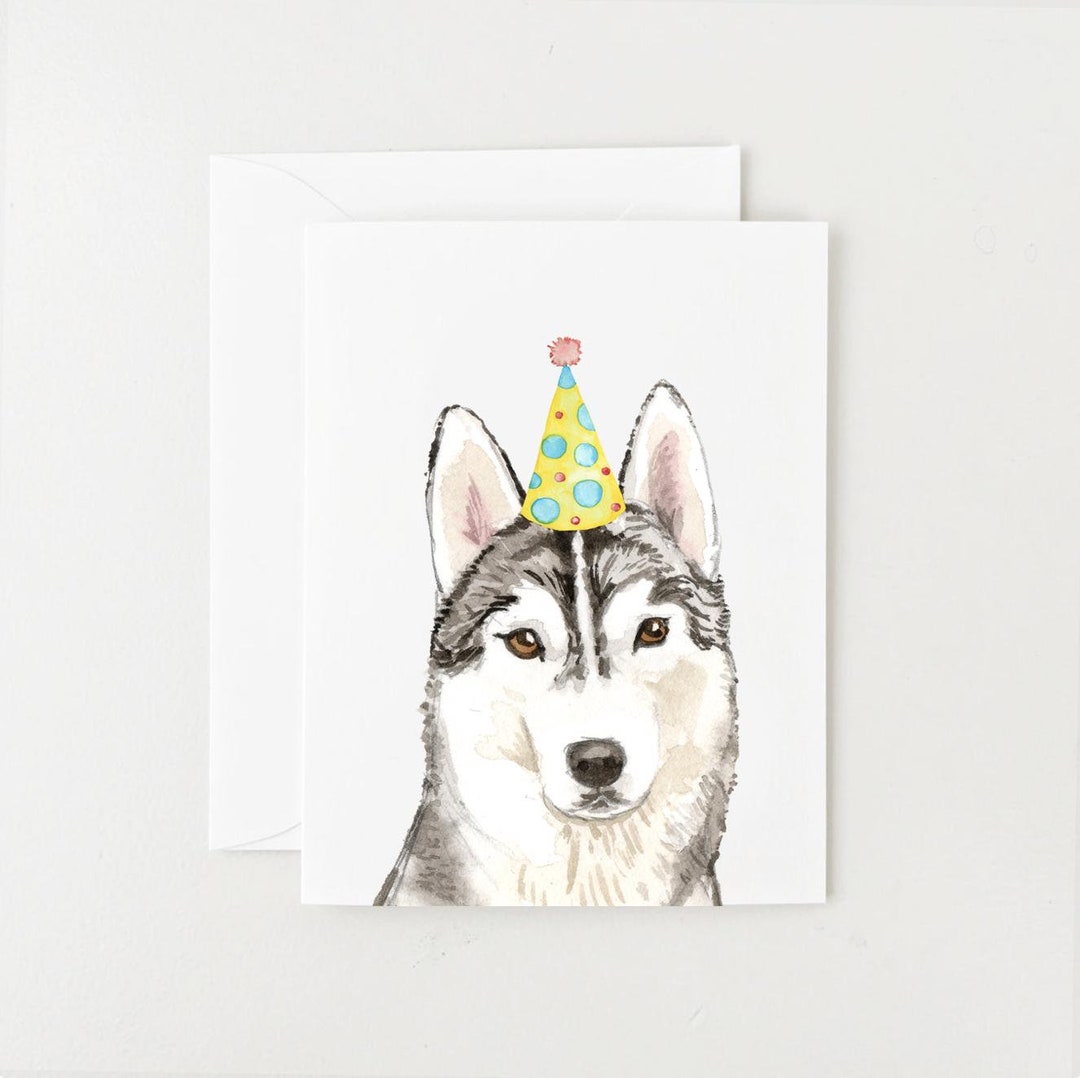 Siberian Husky Card, Dog Birthday Card, Husky Birthday Card With Party ...